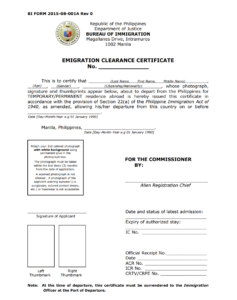 Emigration Clearance Certificate – For Foreigners Leaving the Philippines