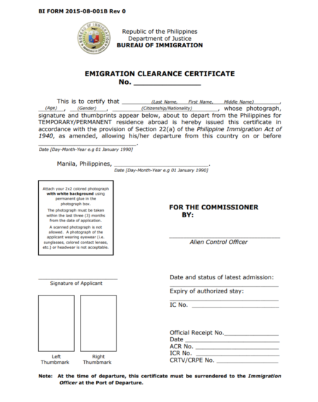 Emigration Clearance Certificate – For Foreigners Leaving the Philippines